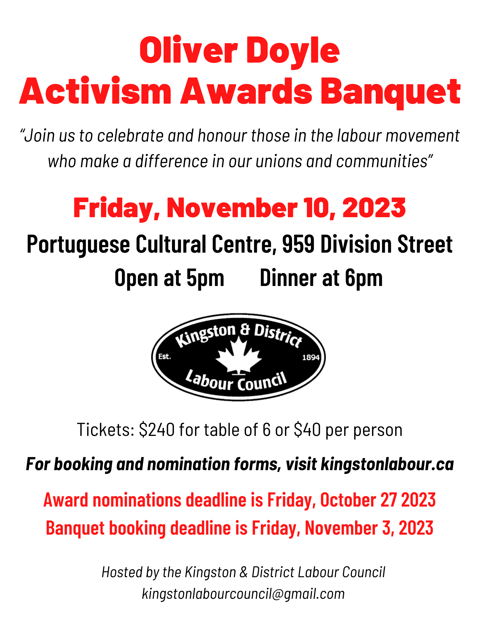 2023 Oliver Doyle Activist Awards Banquet – Kingston & District Labour ...